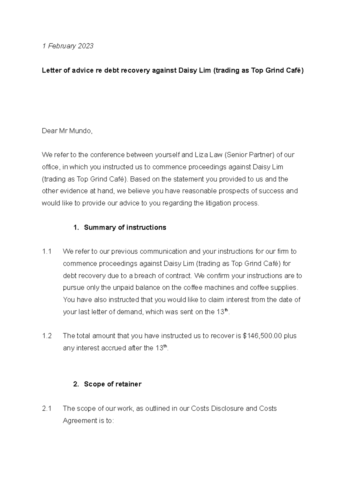 Letter of advice - 1 February 2023 Letter of advice re debt recovery ...