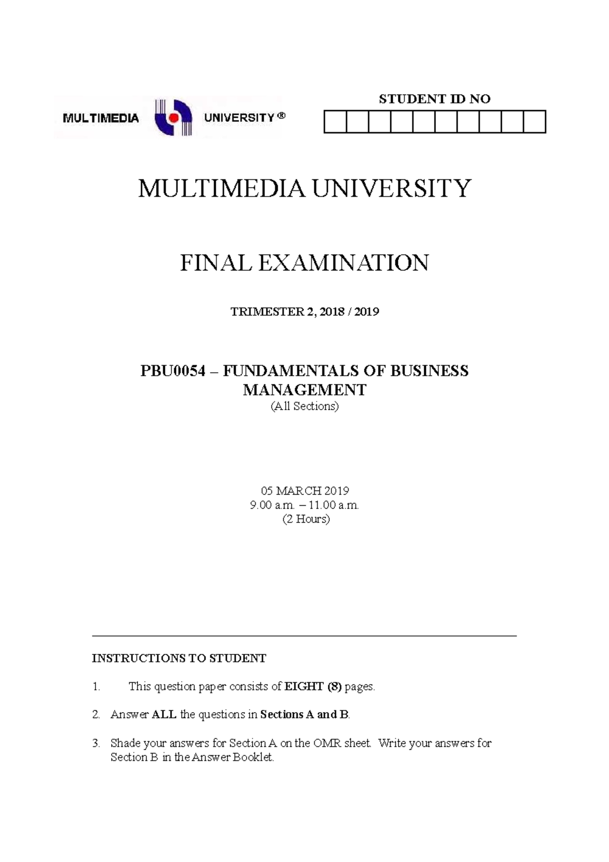 PBU0054 final exam T2 1819 - MULTIMEDIA UNIVERSITY FINAL EXAMINATION ...