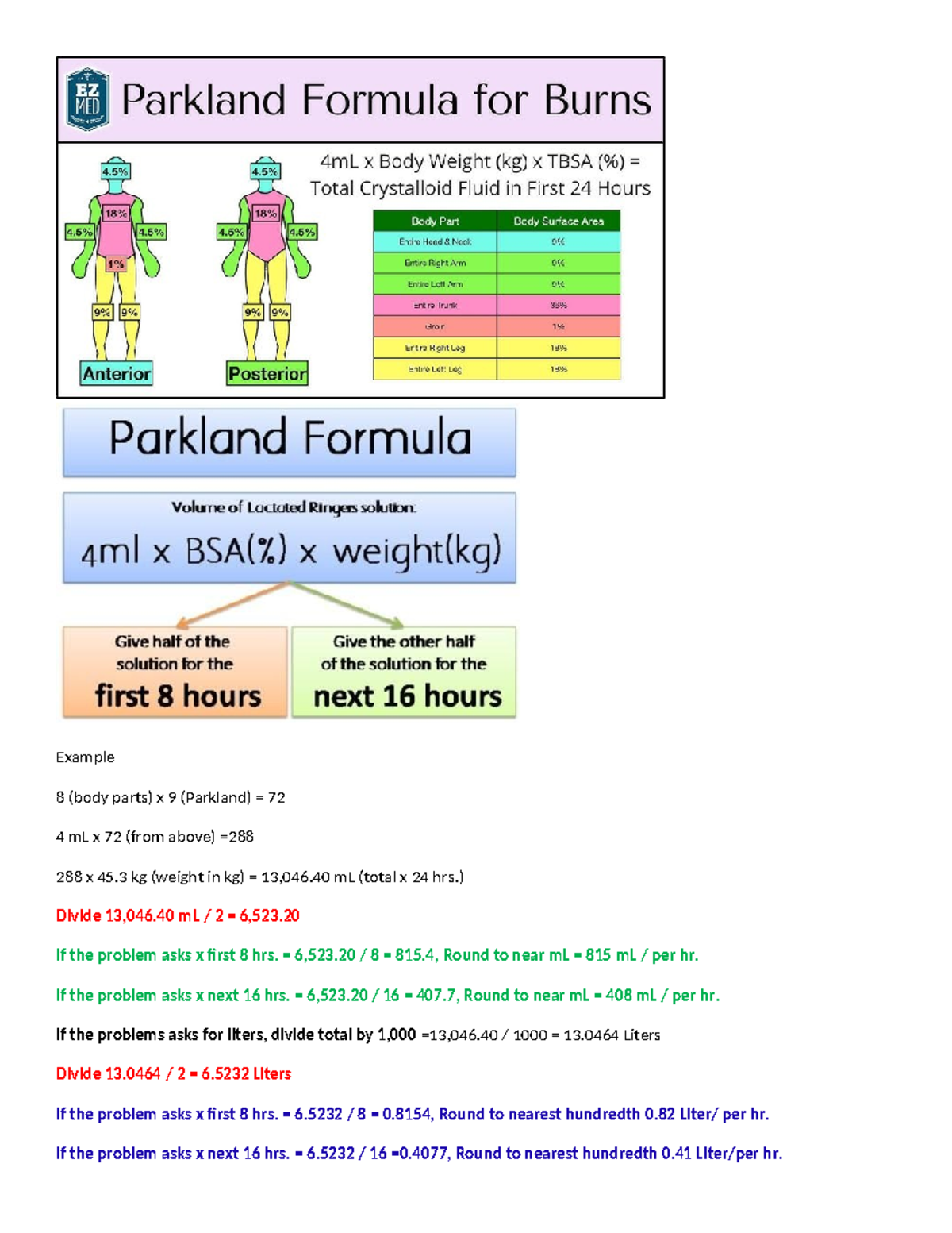 Parkland Formula-Notes - Example 8 (body parts) x 9 (Parkland) = 72 4 ...