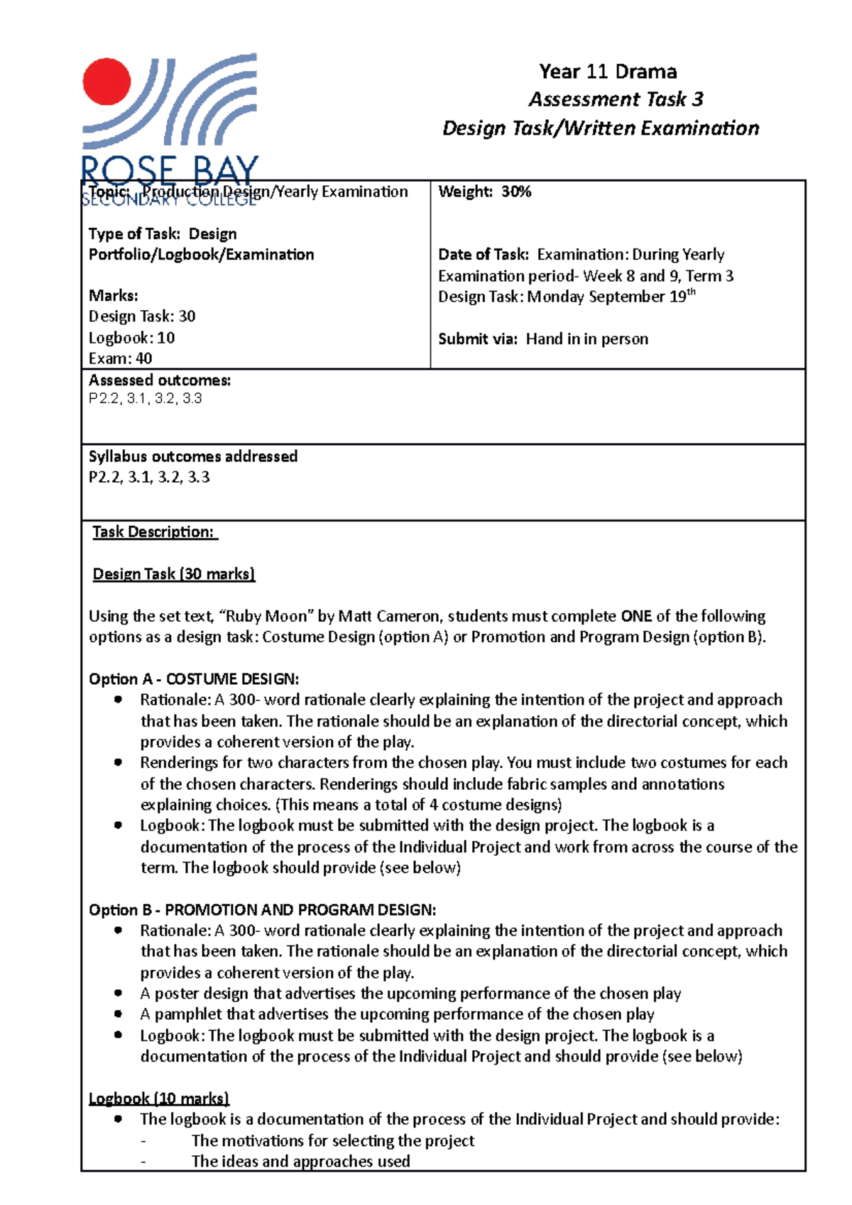 Assessment Task 3 - asses - Year 11 Drama Assessment Task 3 Design Task/Written Examination ...
