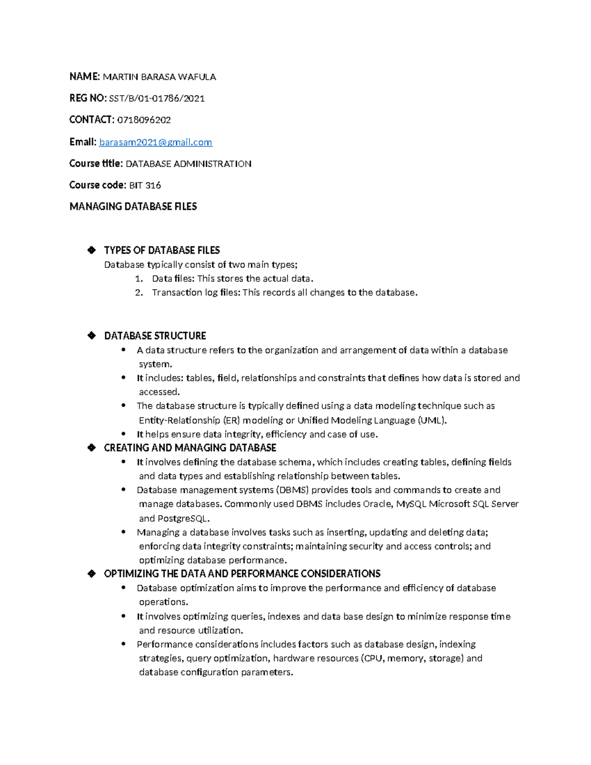 Database Administration - NAME: MARTIN BARASA WAFULA REG NO: SST/B/01 ...