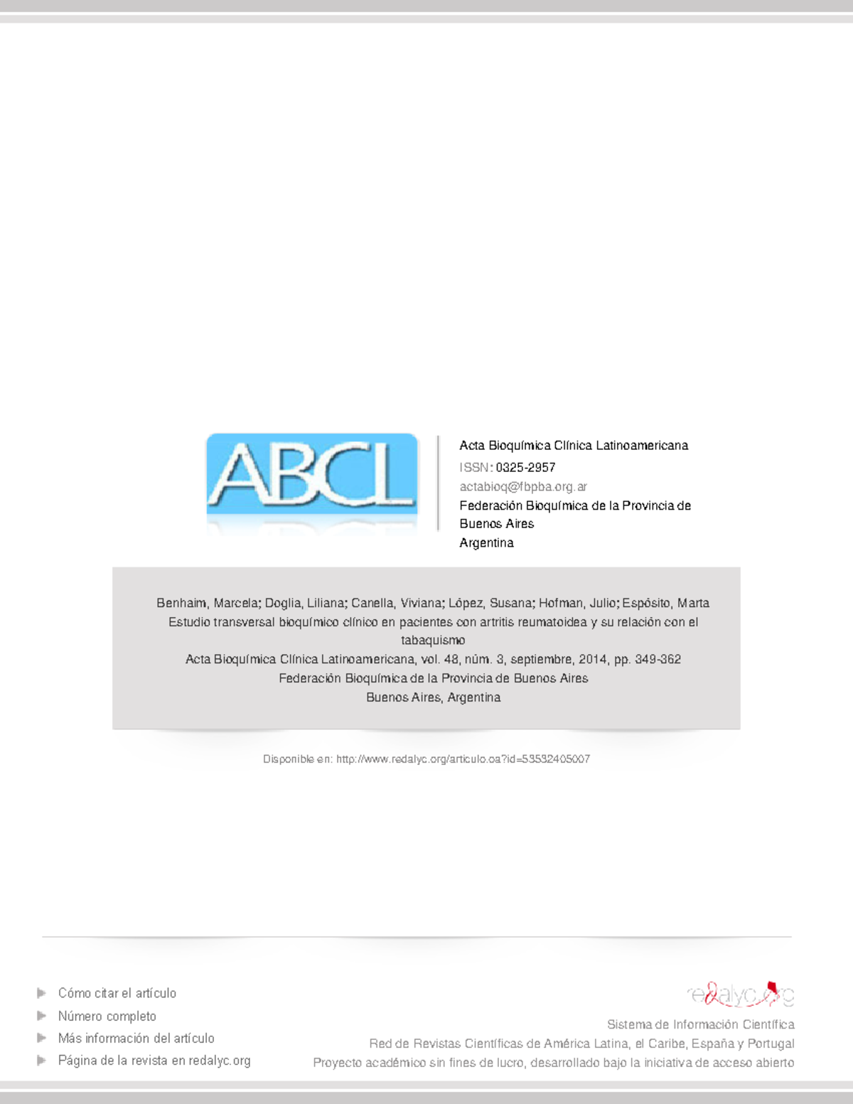 53532405007 - bio - Acta Bioquímica Clínica Latinoamericana ISSN: 0325 ...