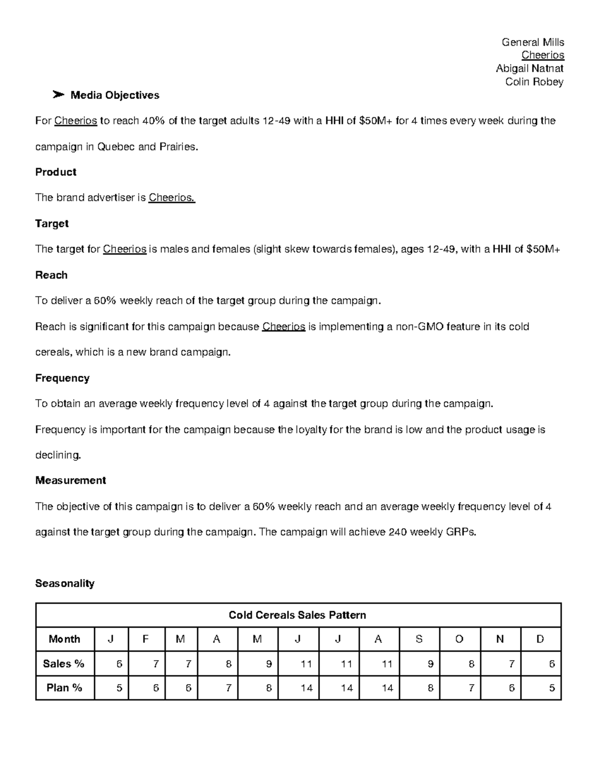 Media Rationale - General Mills Cheerios Abigail Natnat Colin Robey ...