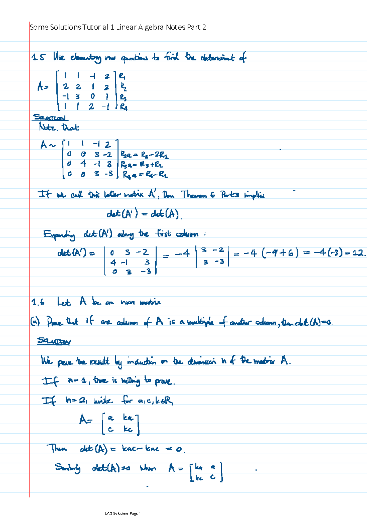 Some Solutions Tutorial 1 Linear Algebra Notes Part 2 - MATH140 - Studocu