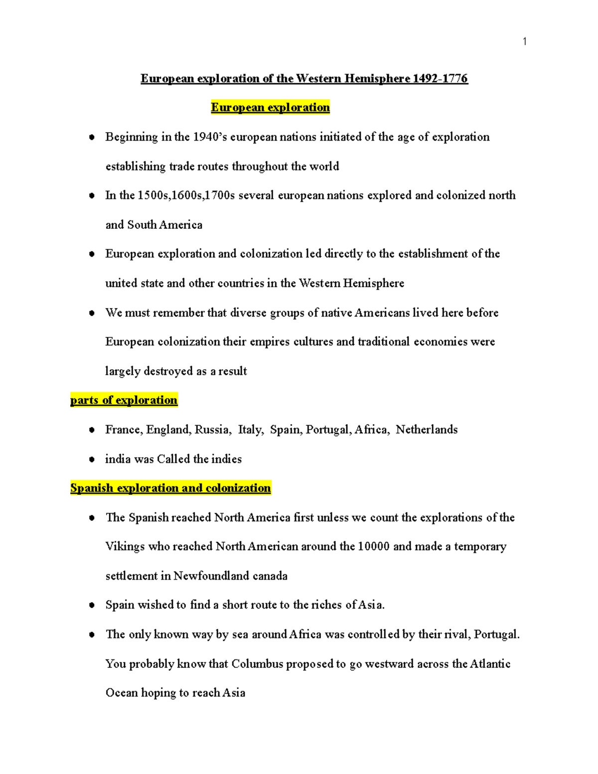 History section 1 - European exploration of the Western Hemisphere 1492 ...