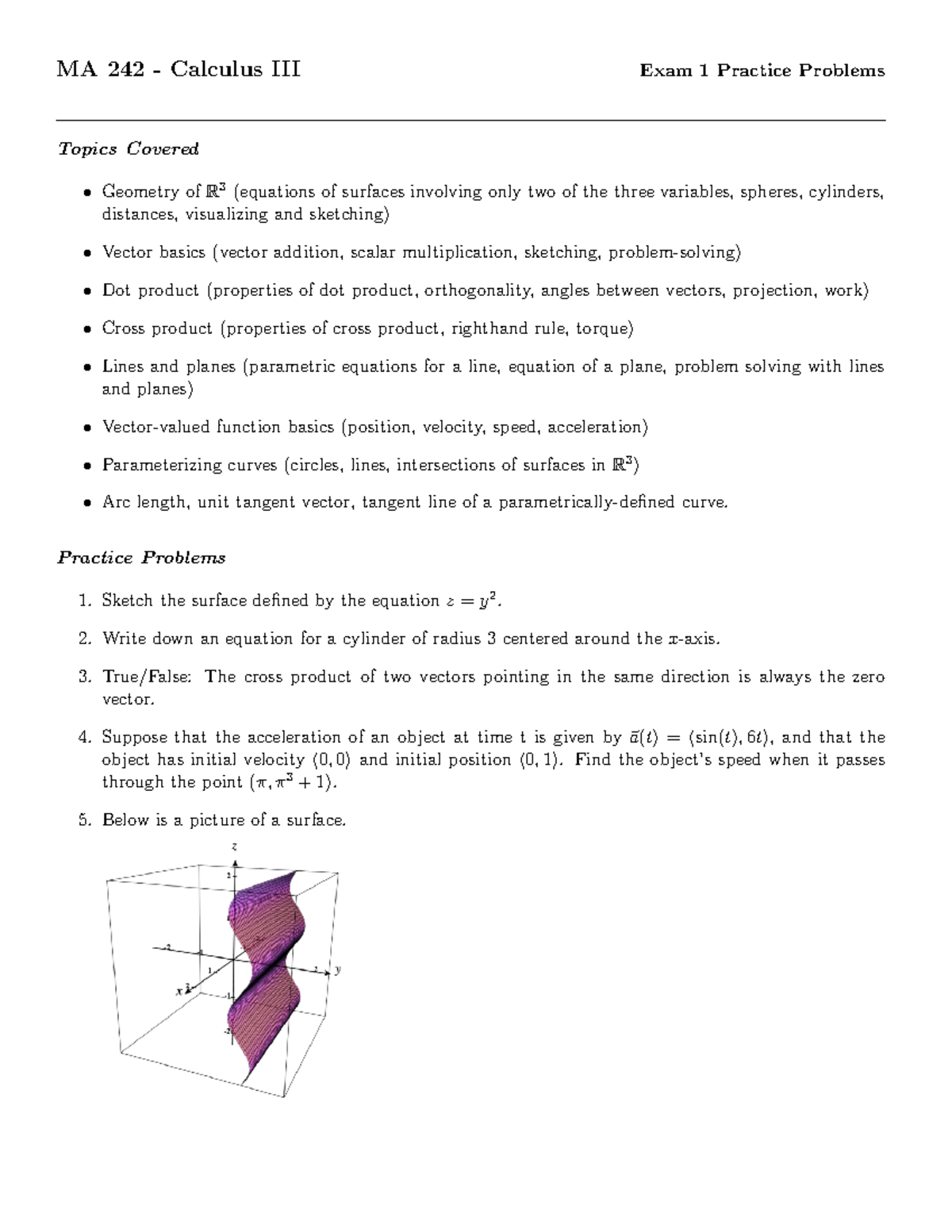 Exam 1 Practice Problems - MA 242 - Calculus III Exam 1 Practice ...