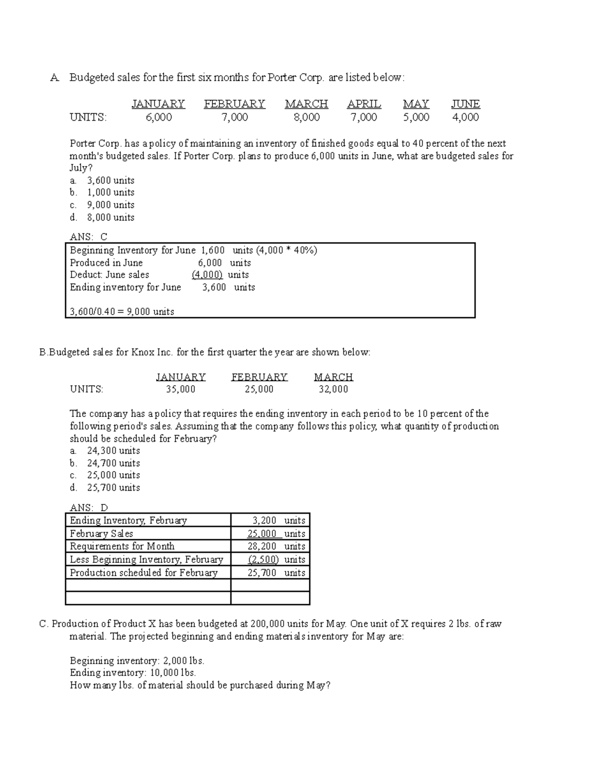 Addtl Exercises On Budgeting A Budgeted Sales For The First Six