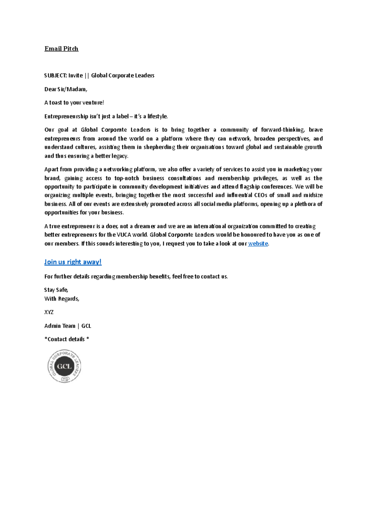 Email Pitch GCL - ngo work - Email Pitch SUBJECT: Invite || Global ...