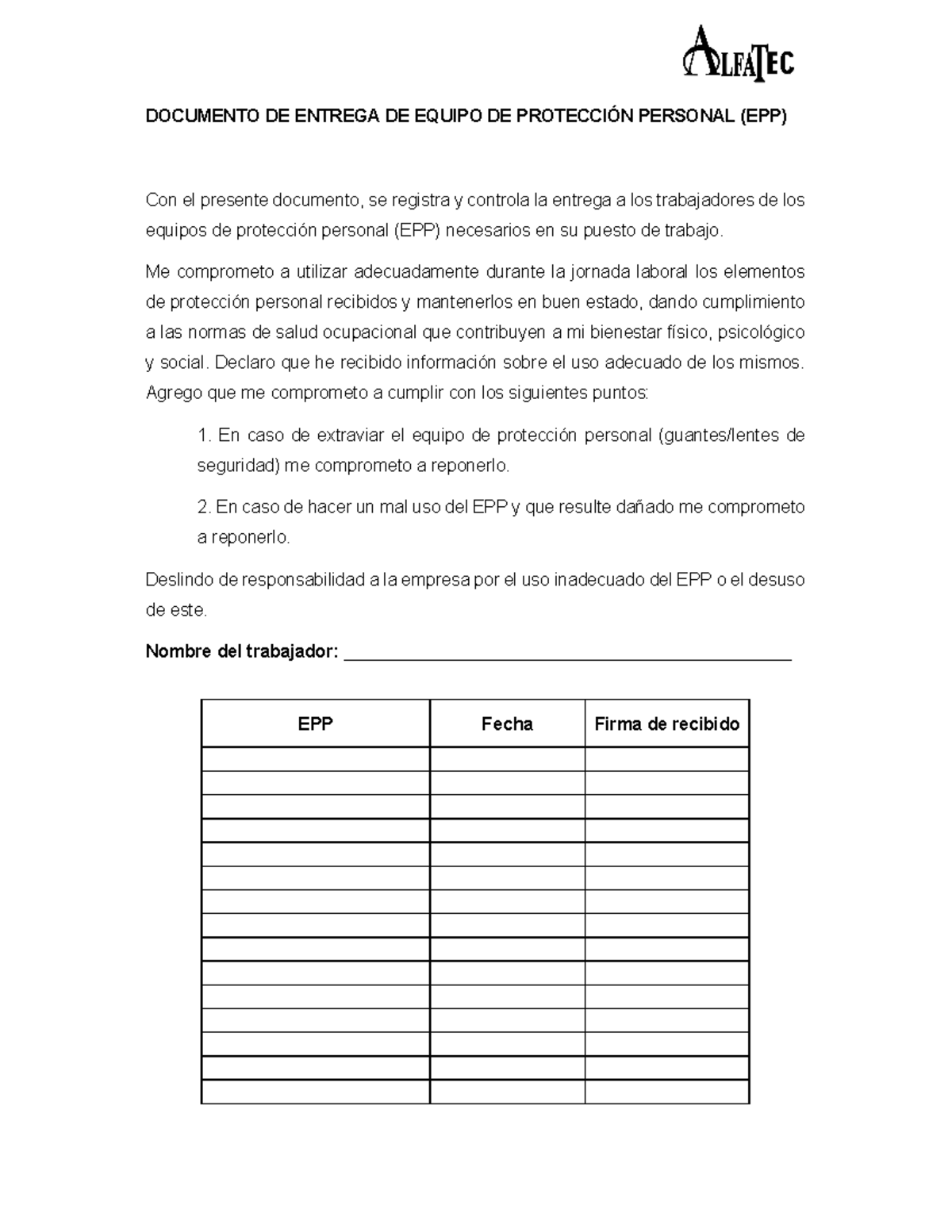 Carta EPP - PSicología organizacional - DOCUMENTO DE ENTREGA DE EQUIPO DE PROTECCIÓN PERSONAL ...