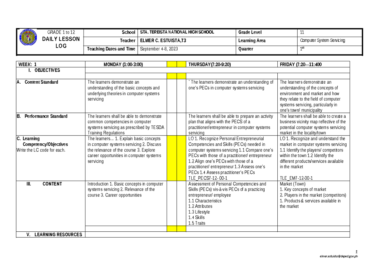 DLL CSS 11 2023-2024 - Activity Sheet - GRADE 1 to 12 DAILY LESSON LOG School STA. TEREISTA ...