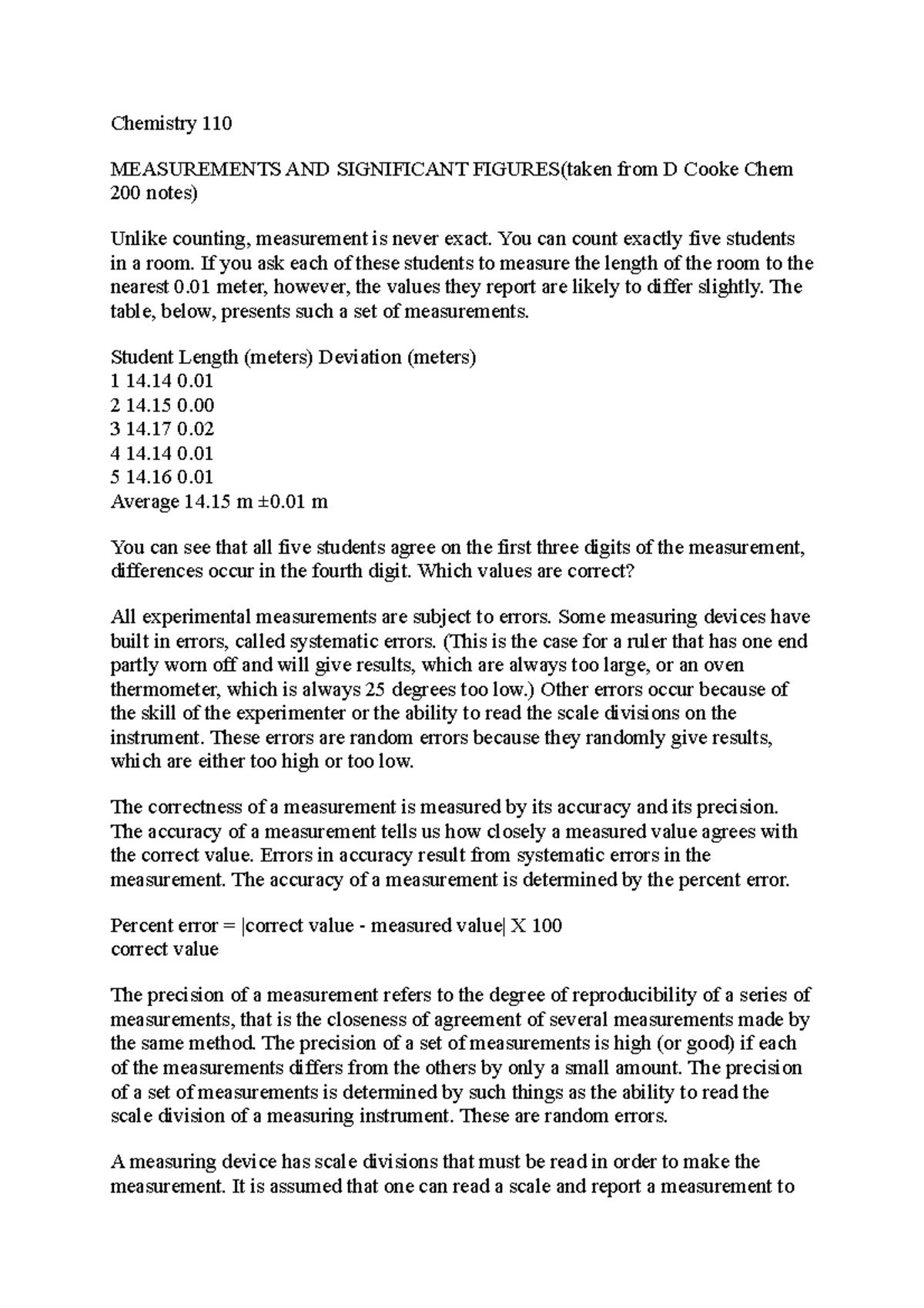 Chemistry 110 Measurements and Significant Figures - Studocu