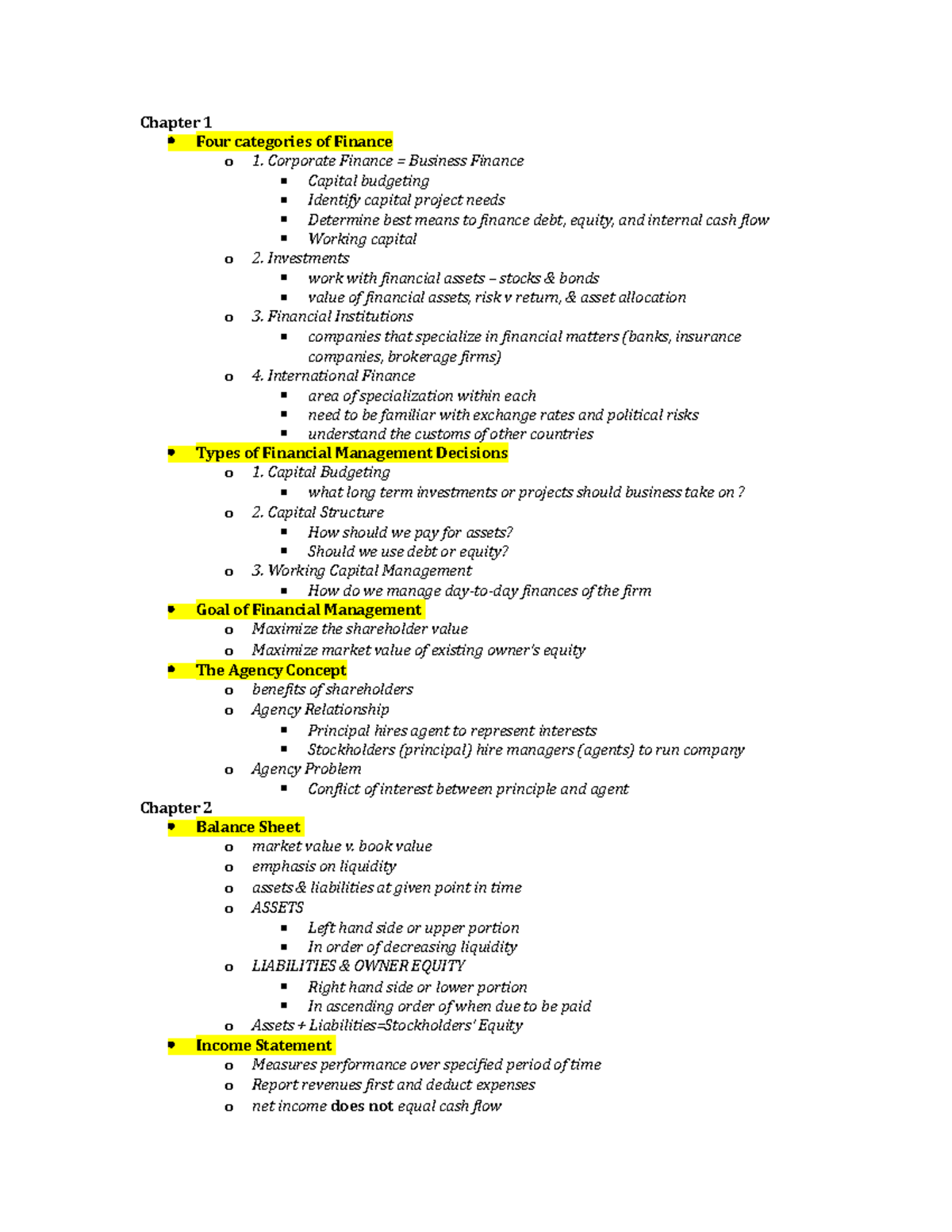 Topics for Finance Midterm 1 - Chapter 1 Four categories of Finance o 1 ...