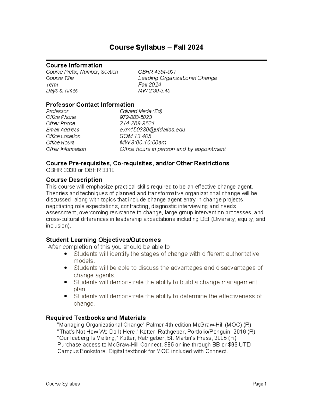 Syllabus-OBHR 4354-001 F2024 - Course Syllabus – Fall 2024 Course ...