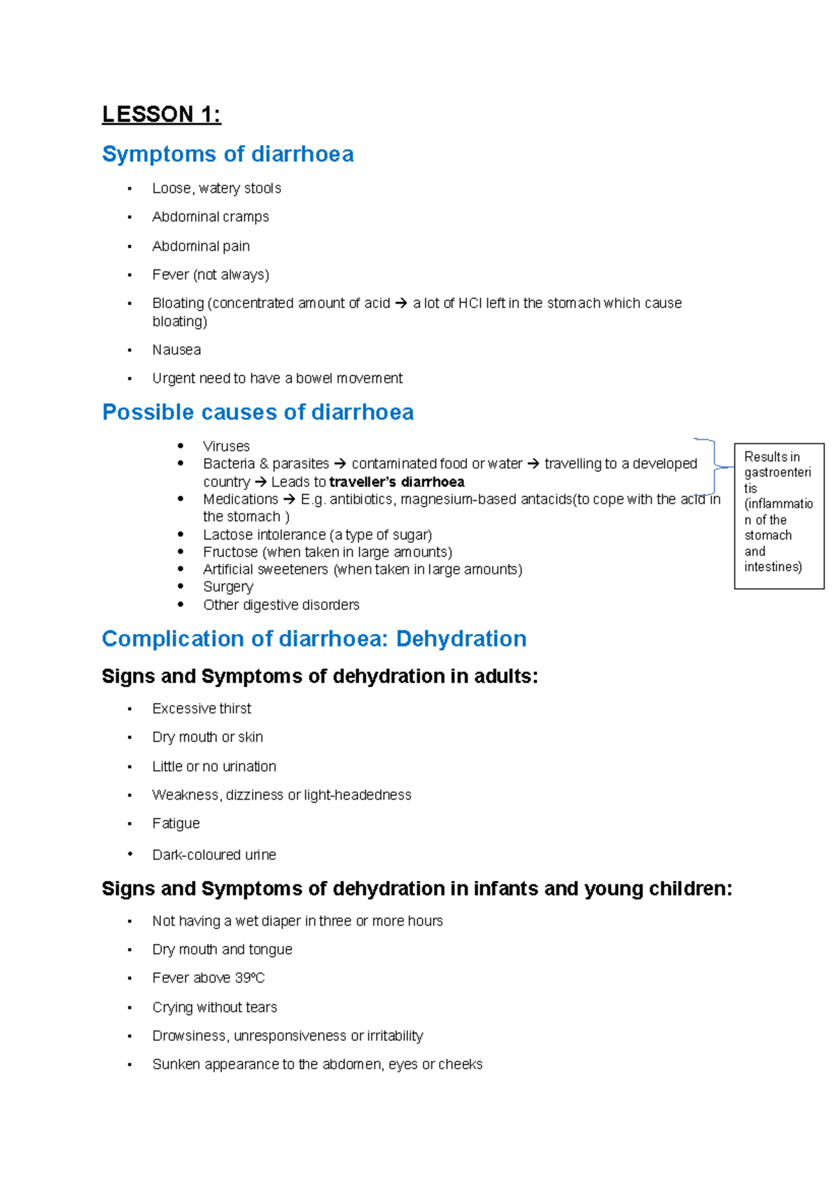 PPP Notes - Summary - LESSON 1: Symptoms of diarrhoea • Loose, watery ...