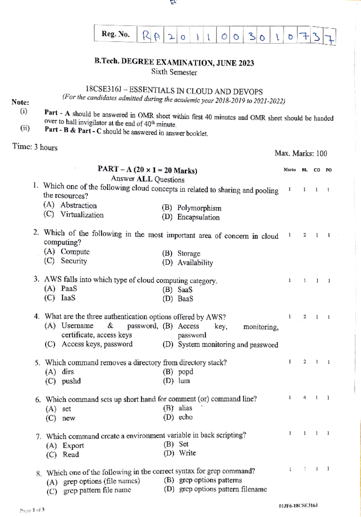 Devops-2023 SEM-6 - Note: i) (ii) Time: 3 hours 18CSE316J ESSENTIALS IN CLOUD AND DEVOPS (For ...