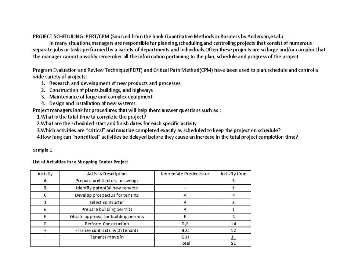 PERT CPM - PROJECT SCHEDULING: PERT/CPM (Sourced from the book Quantitative Methods in Business ...