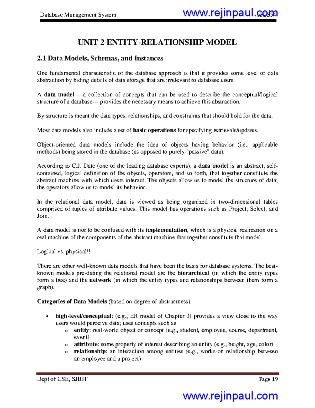 Data models,schemas,instances - Database Management System 10CS Dept of CSE, SJBIT Page 19 UNIT ...