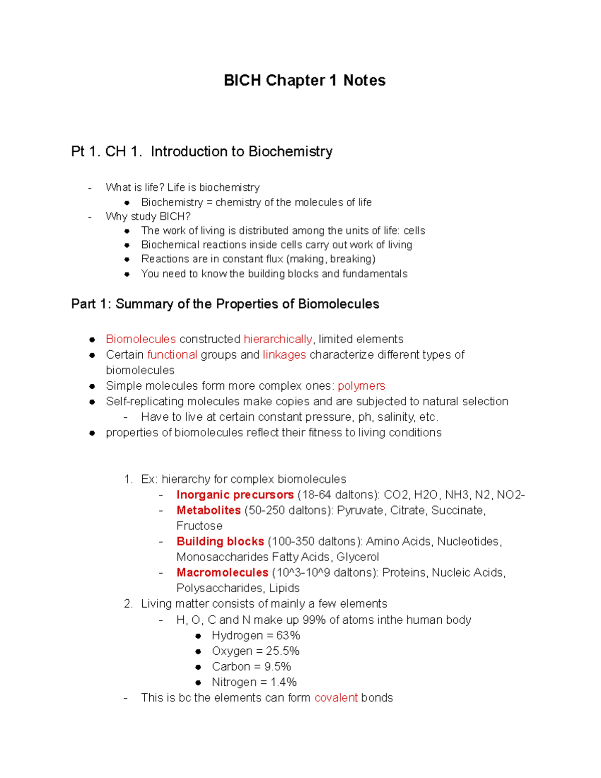 BICH 410 Chapter 1 Notes - BICH Chapter 1 Notes Pt 1. CH 1 ...