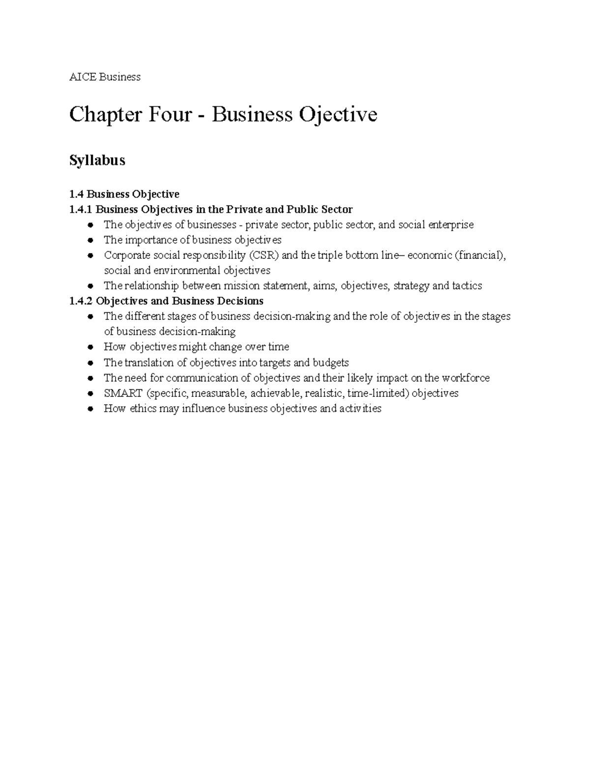 Chapter Four - Business Objective - AICE Business Chapter Four ...