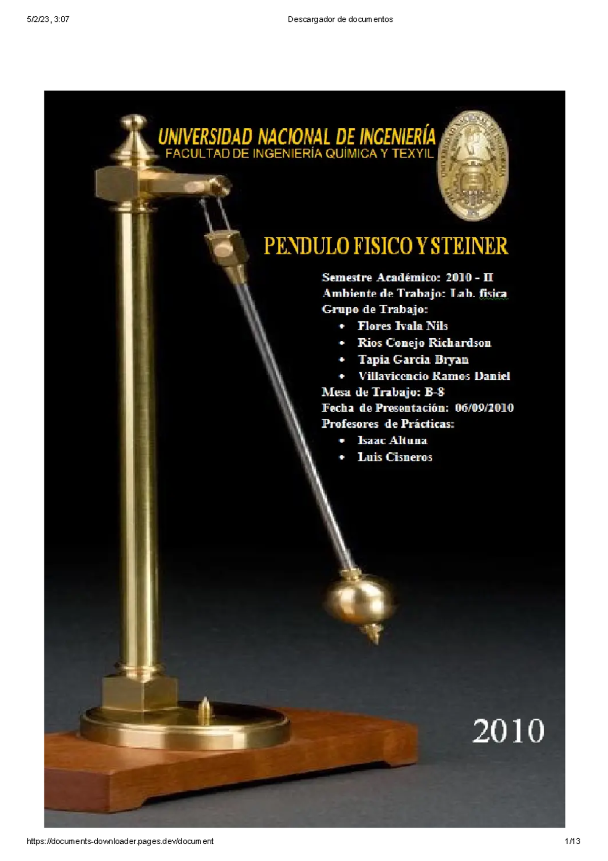 pendulo compuesto - 4 yo(y) = yocm + m. y 2 ........ 2 donde METROes la ...