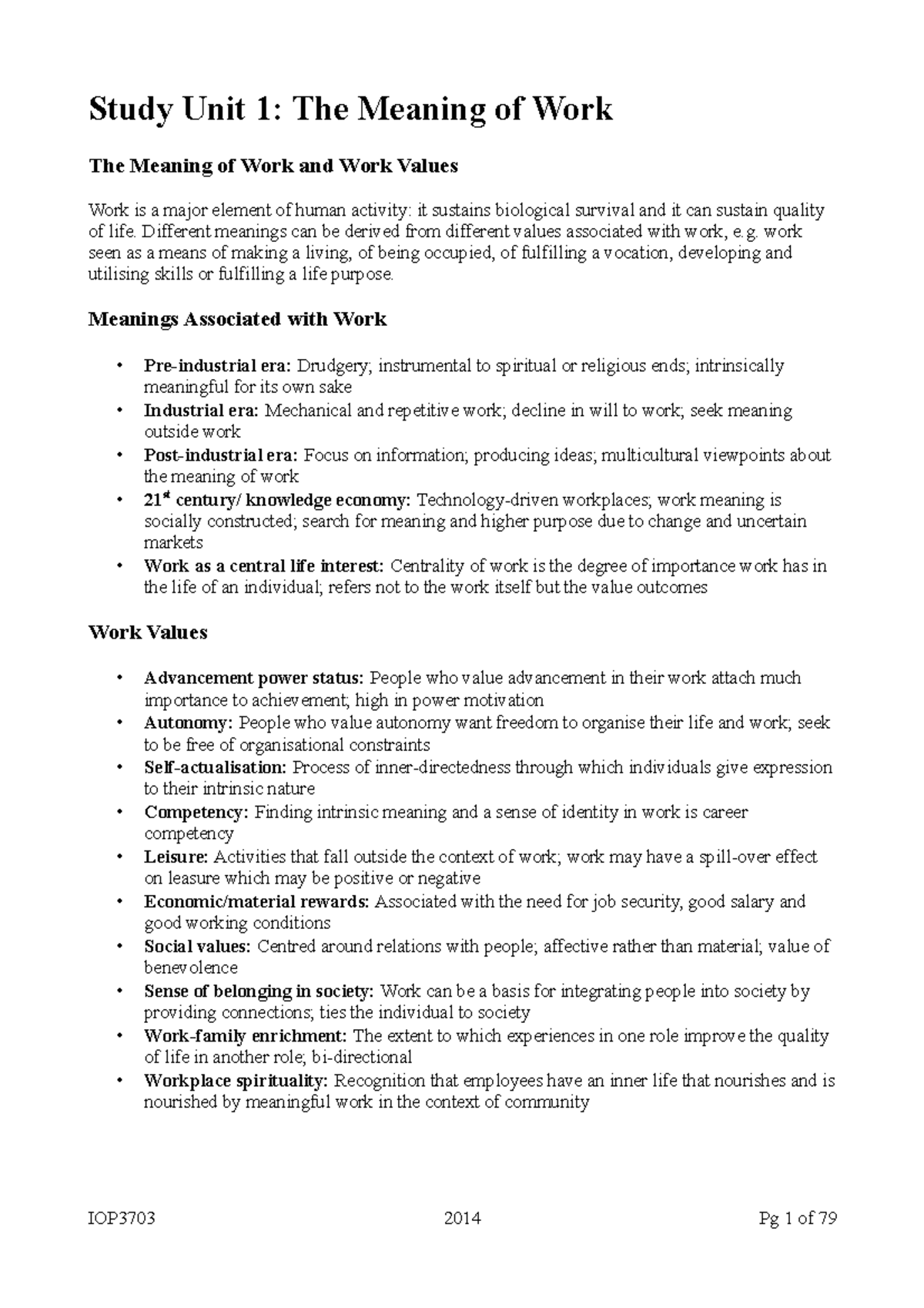 IOP3703-Notes - Summary notes. - Study Unit 1: The Meaning of Work The ...