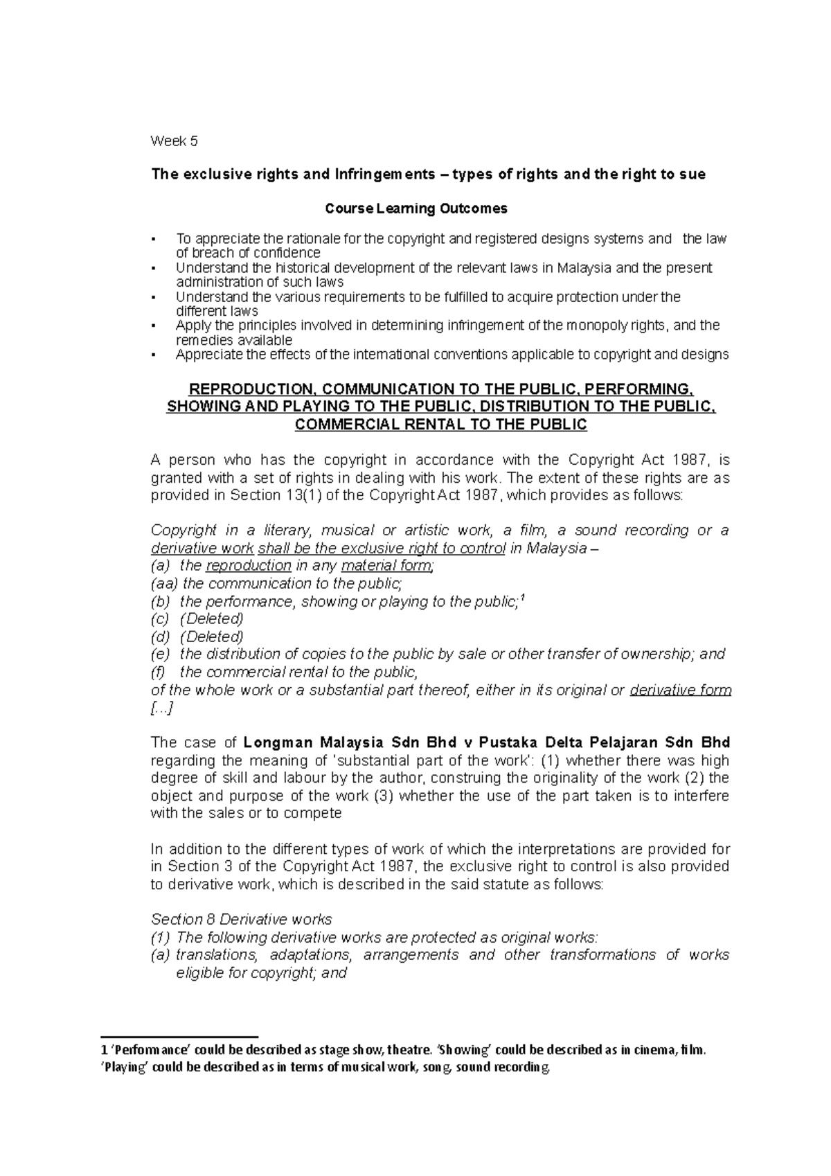 LAW 536 wk 5 - short notes - Week 5 The exclusive rights and ...