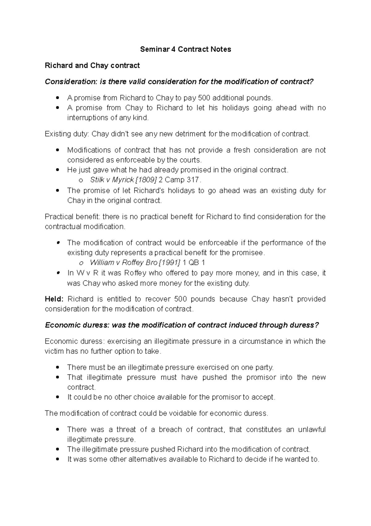 Contract Seminar 4 Notes - Seminar 4 Contract Notes Richard and Chay ...