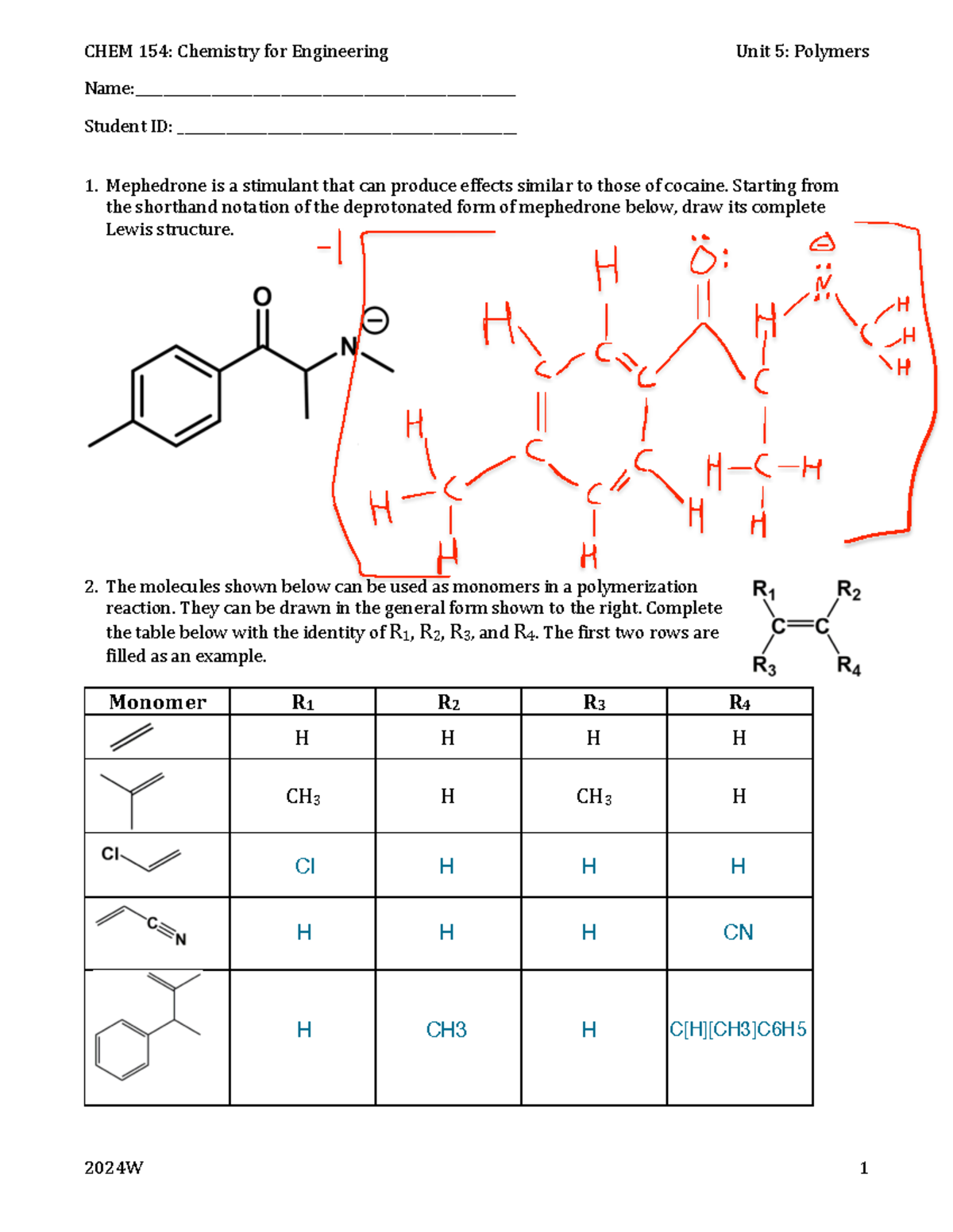 Unit 5 worksheet Q1-5 - CHEM 154: Chemistry for Engineering Unit 5 ...