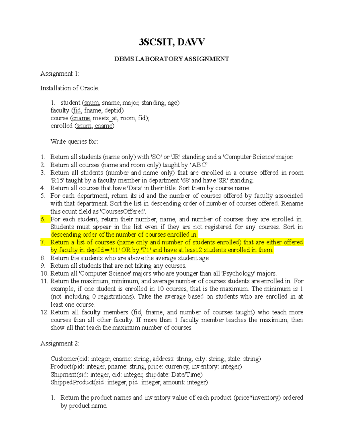sql database for practice - 3SCSIT, DAVV DBMS LABORATORY ASSIGNMENT Assignment 1: Installation ...