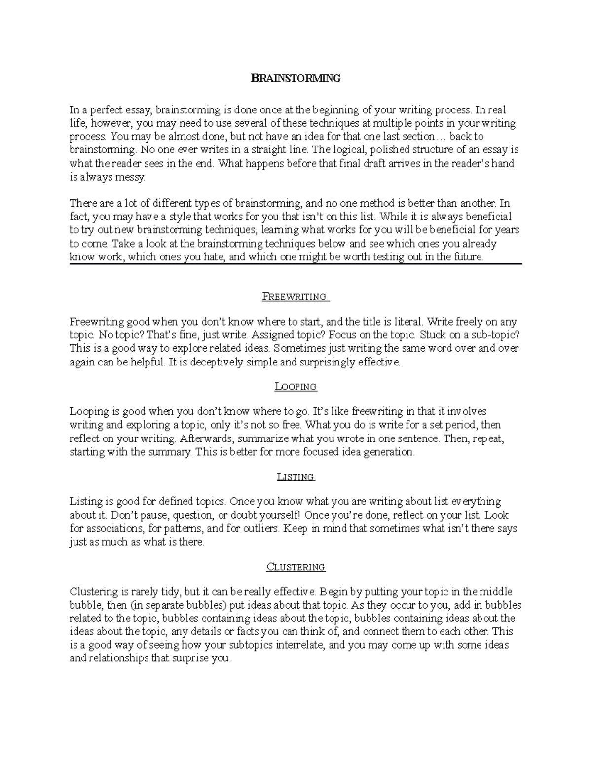 Brainstorming Handout - BRAINSTORMING In a perfect essay, brainstorming ...
