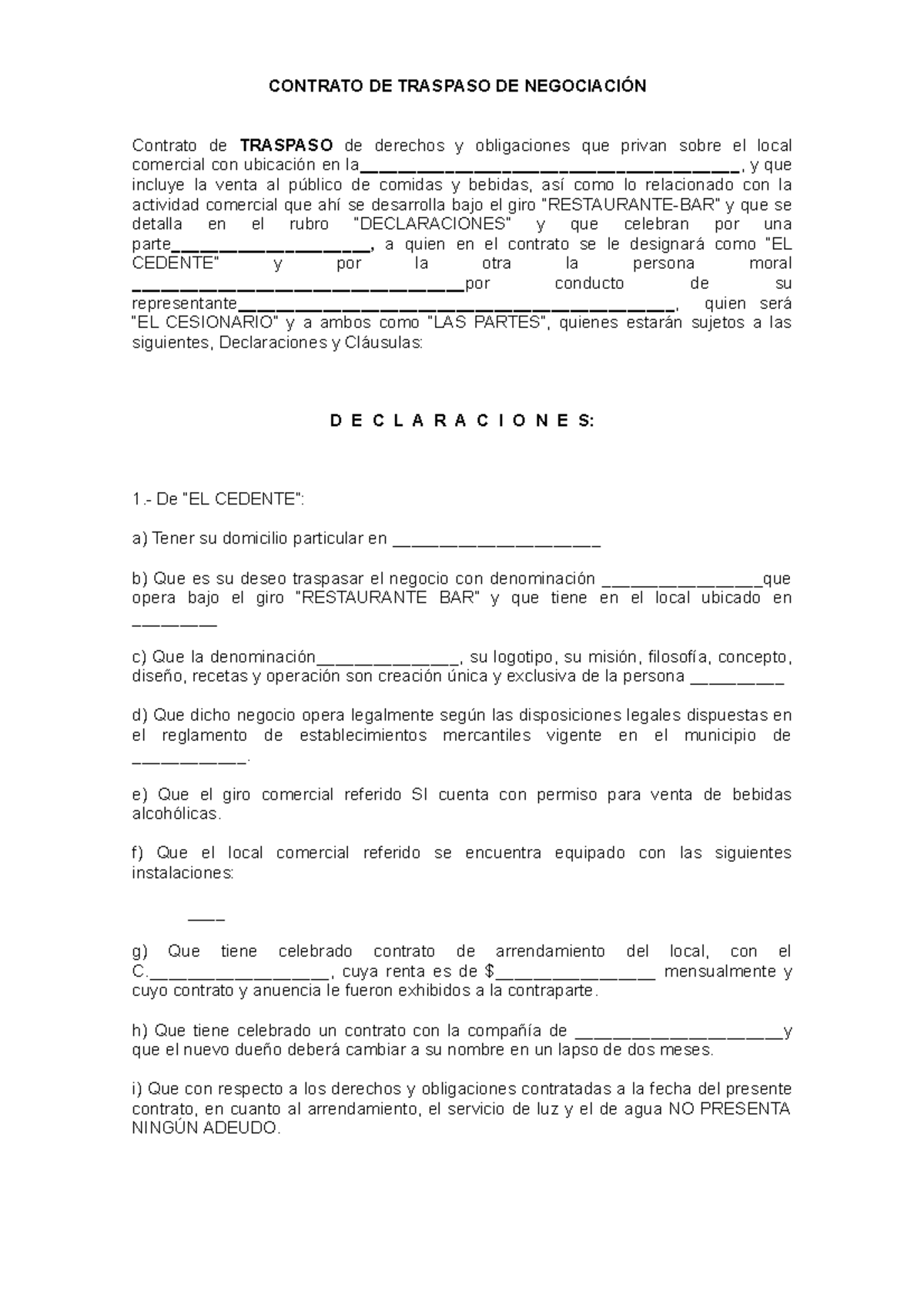 Contrato DE Traspaso DE Negocio Completo - CONTRATO DE TRASPASO DE ...