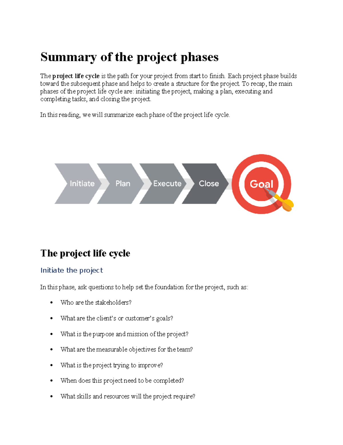 Summary of project phases - Summary of the project phases The project ...