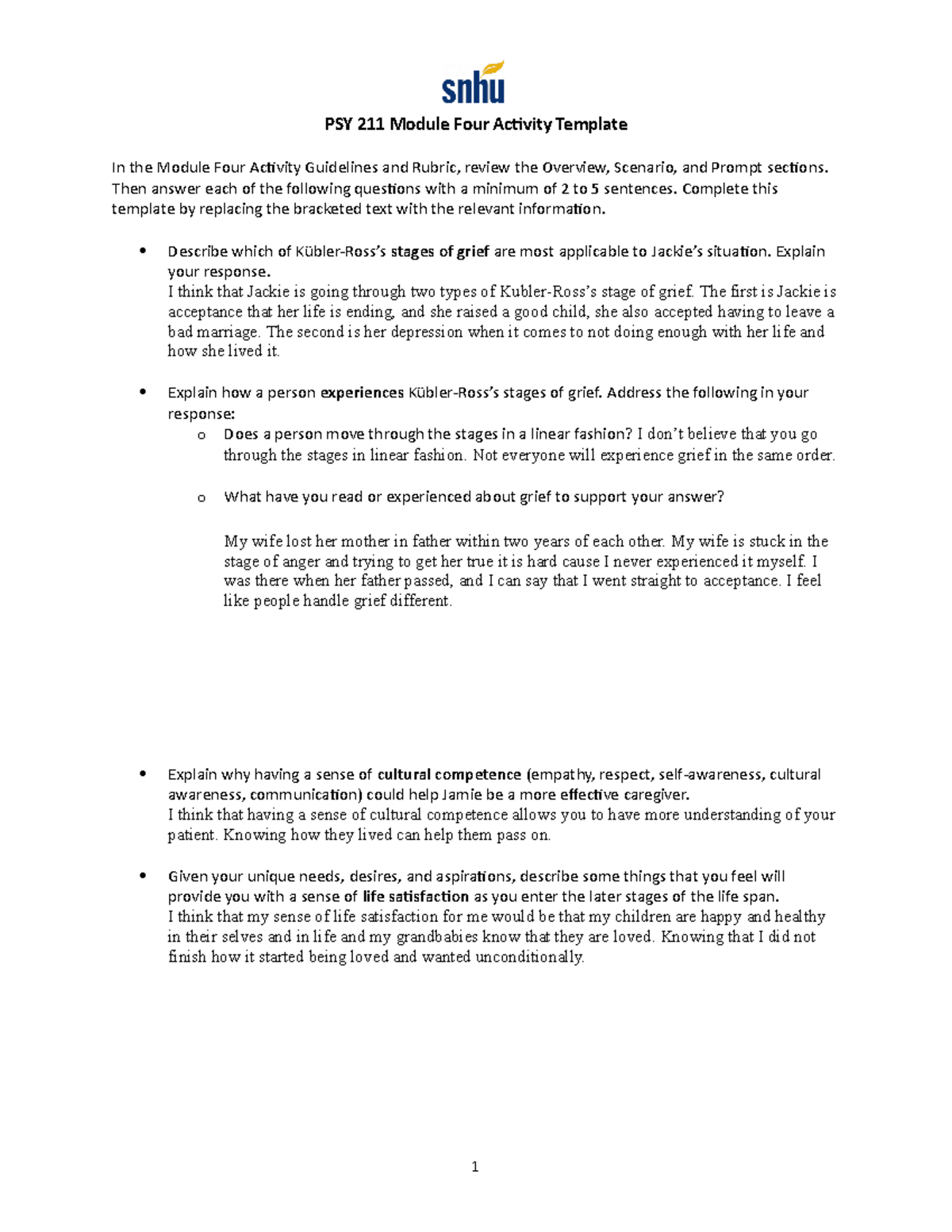 PSY 211 Module Four Activity Template - Then answer each of the ...