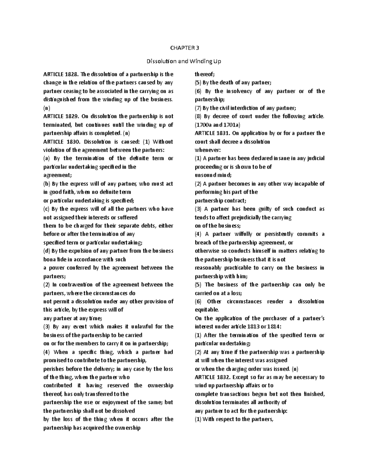 Dissolution and winding up (Autosaved) - CHAPTER 3 Dissolution and Winding Up ARTICLE 1828. The ...