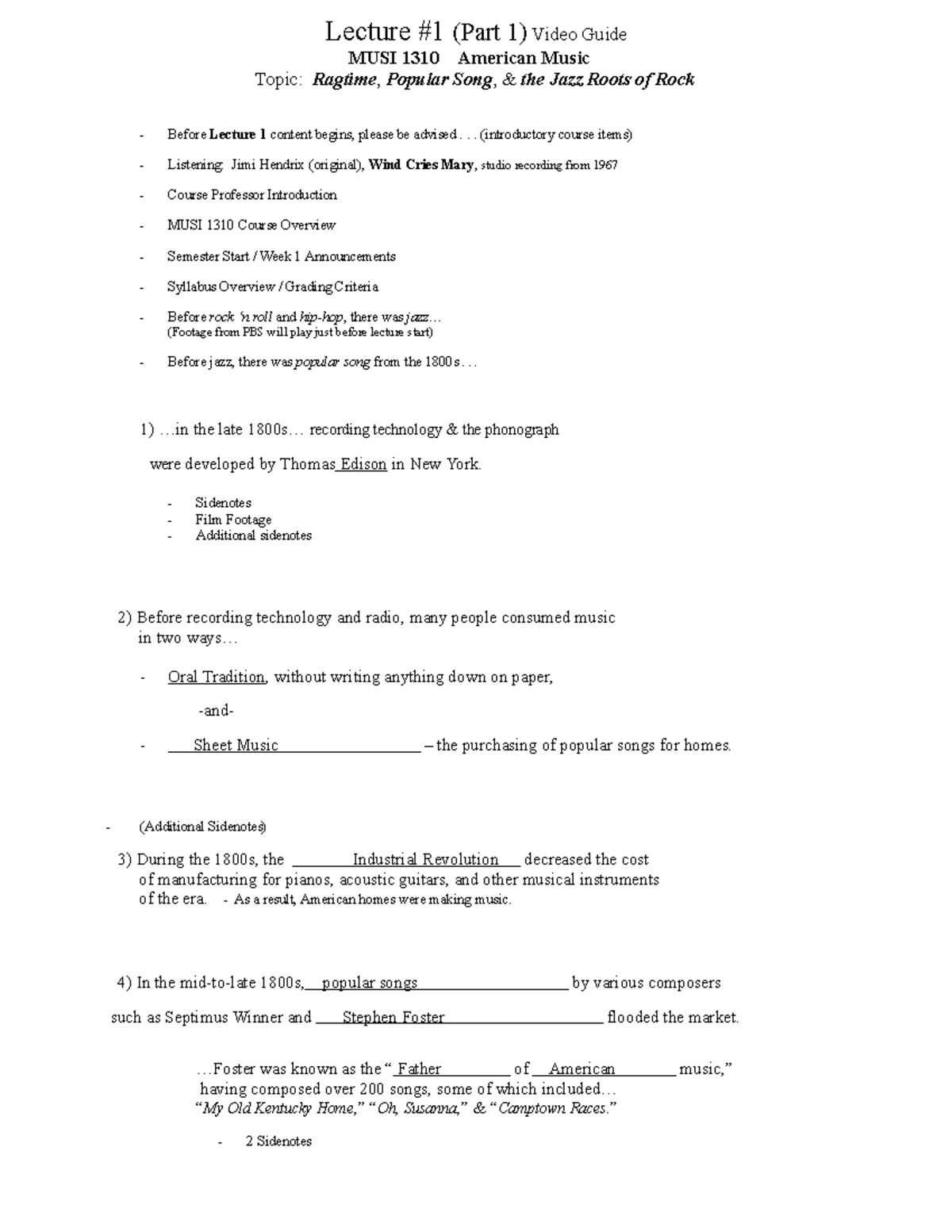 Lecture 1 (part 1) Video Guide 3 copy - MUSI 1310 American Music Topic: Ragtime, Popular Song ...