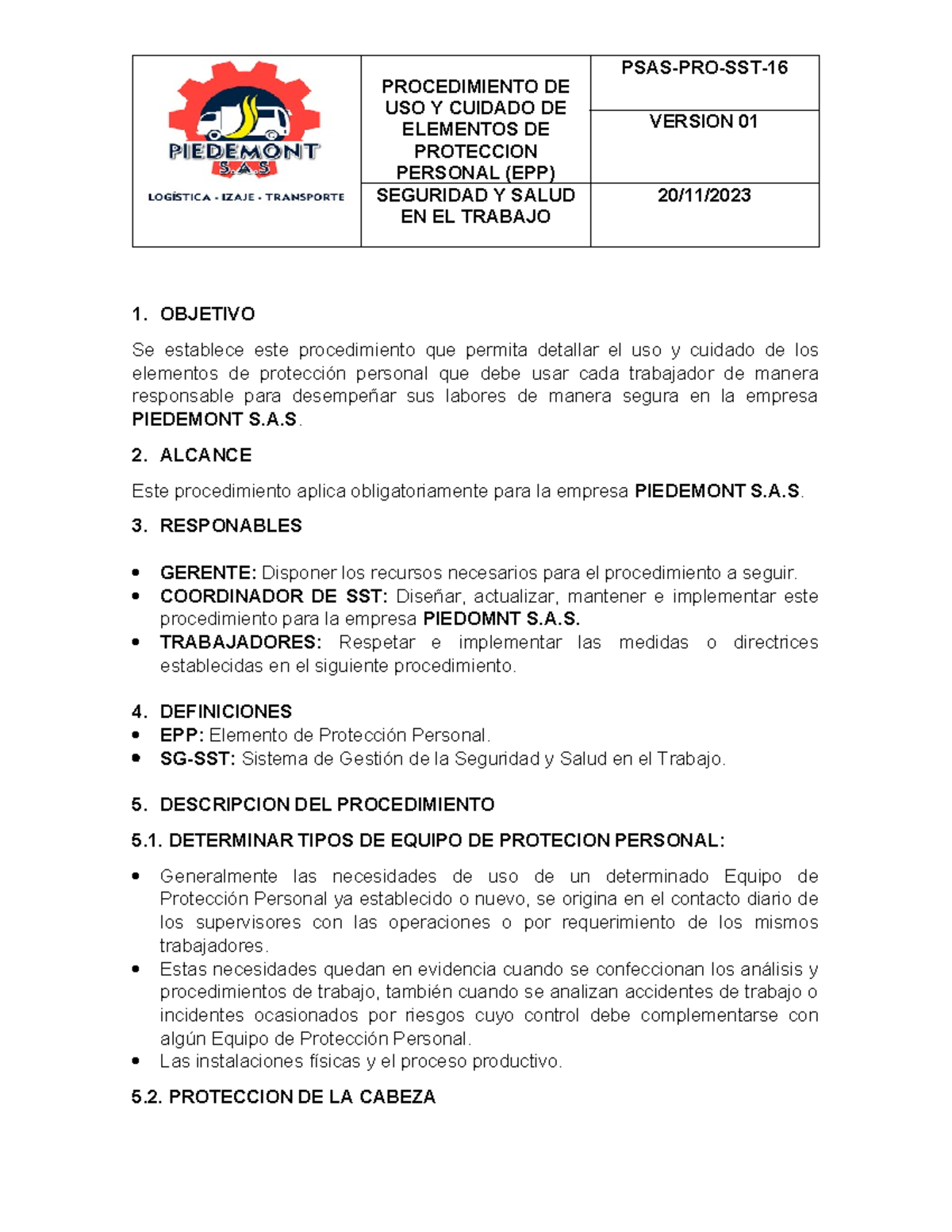Procedimiento DE USO Y Cuidado DE EPP - PROCEDIMIENTO DE USO Y CUIDADO DE ELEMENTOS DE ...