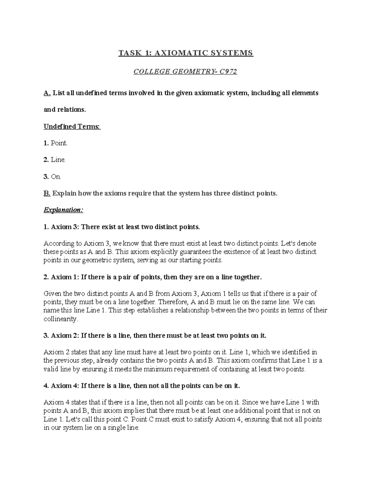 TASK 1 Revised- C972 College Geometry - TASK 1: AXIOMATIC SYSTEMS ... TASK 1 Revised- C972 College Geometry - TASK 1: AXIOMATIC SYSTEMS ...