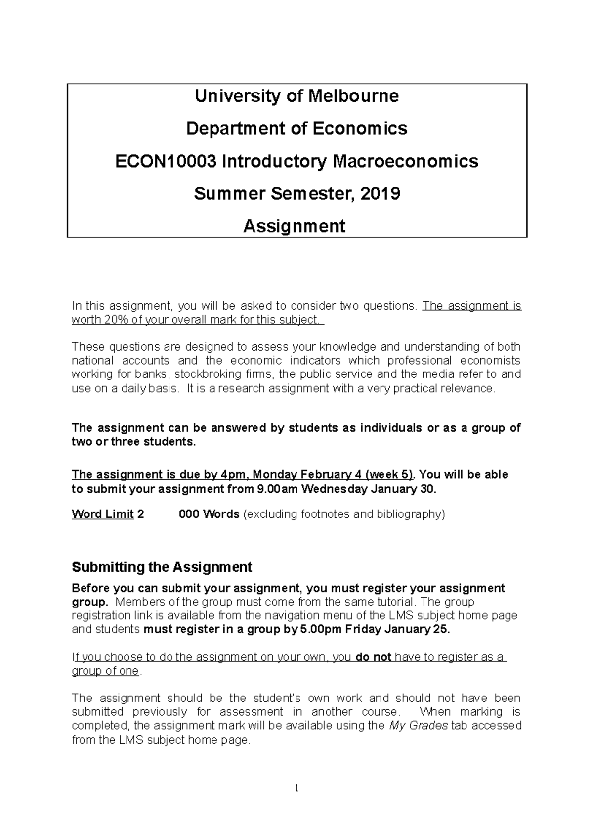 Assignment Question - University of Melbourne Department of Economics ECON10003 Introductory ...