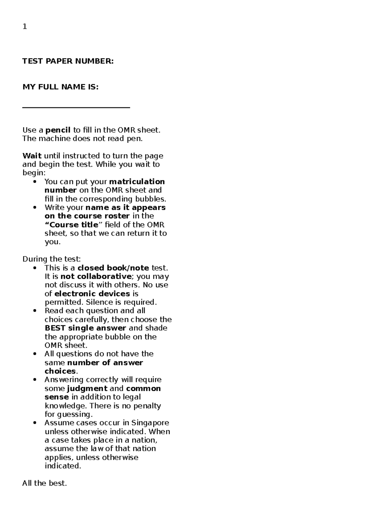 1test with feedback 209 21 22 s1 - TEST PAPER NUMBER: MY FULL NAME IS