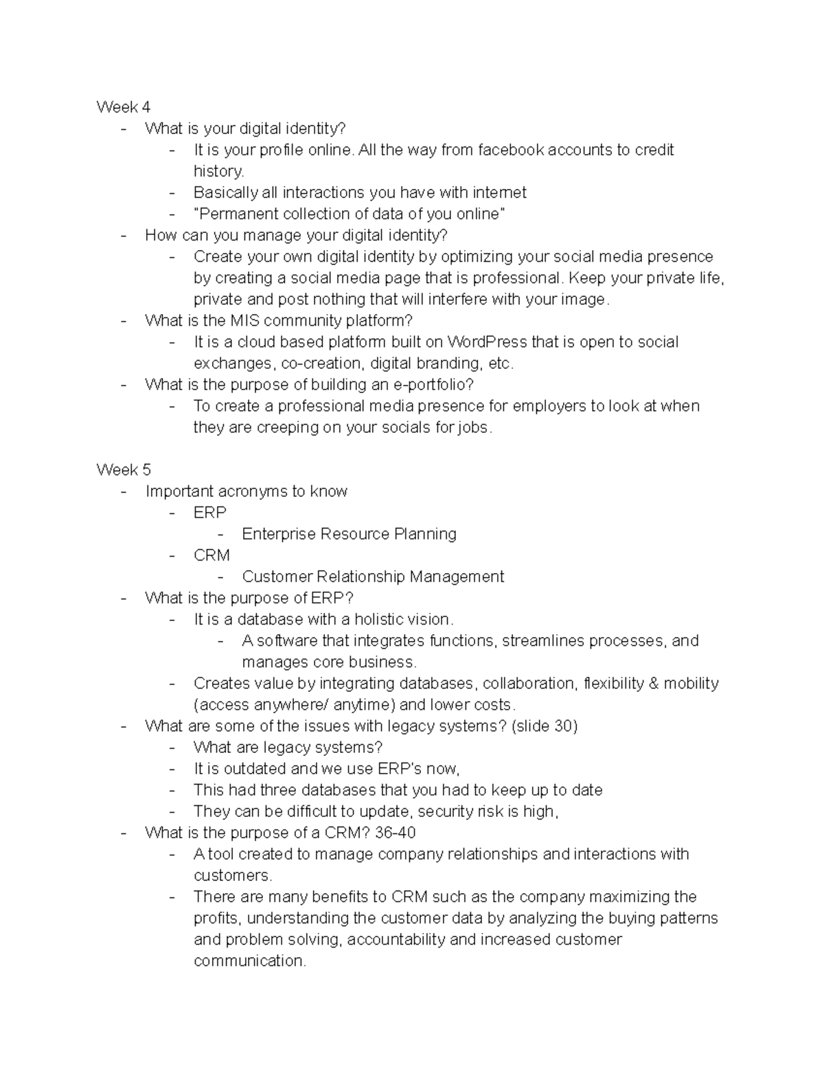 MIS Exam 2 Study Guide - this is for a class that i had to take - Week ...
