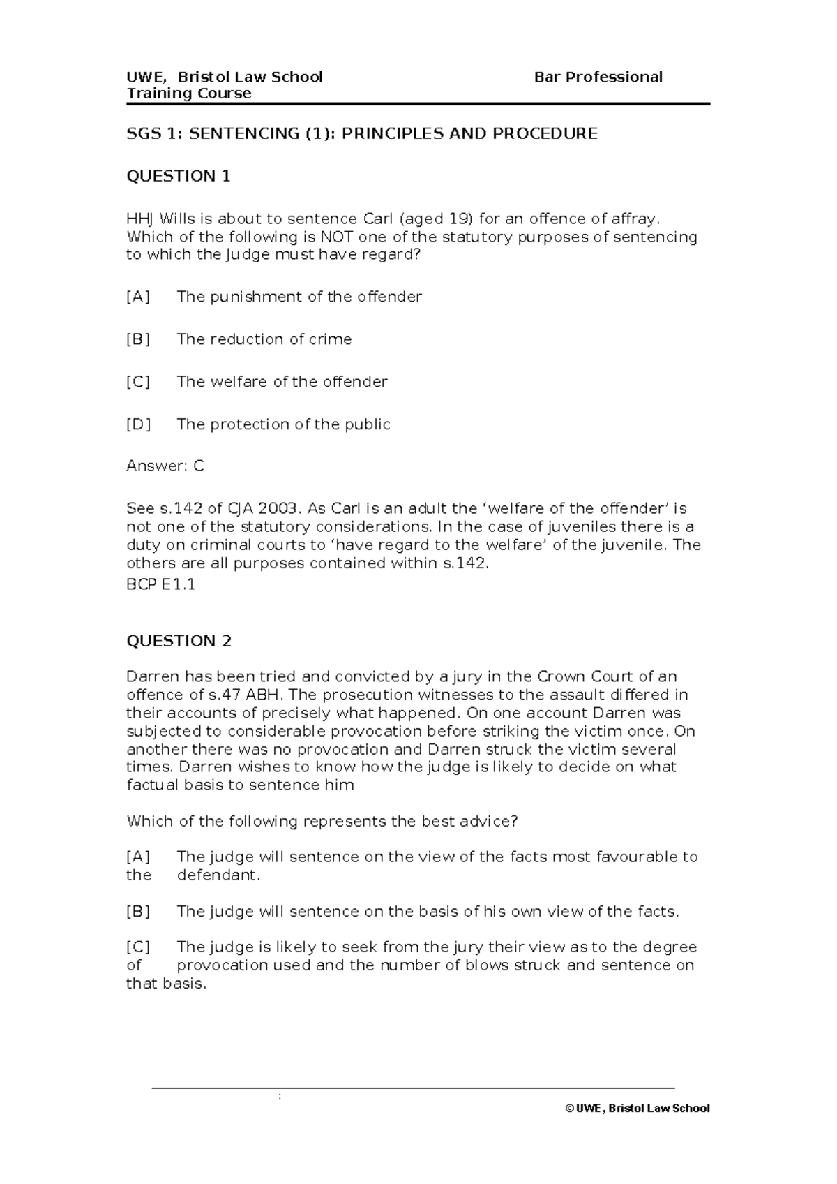 CLS 1 Online MCQs&As 1920 Complete - Training Course SGS 1: SENTENCING (1): PRINCIPLES AND ...