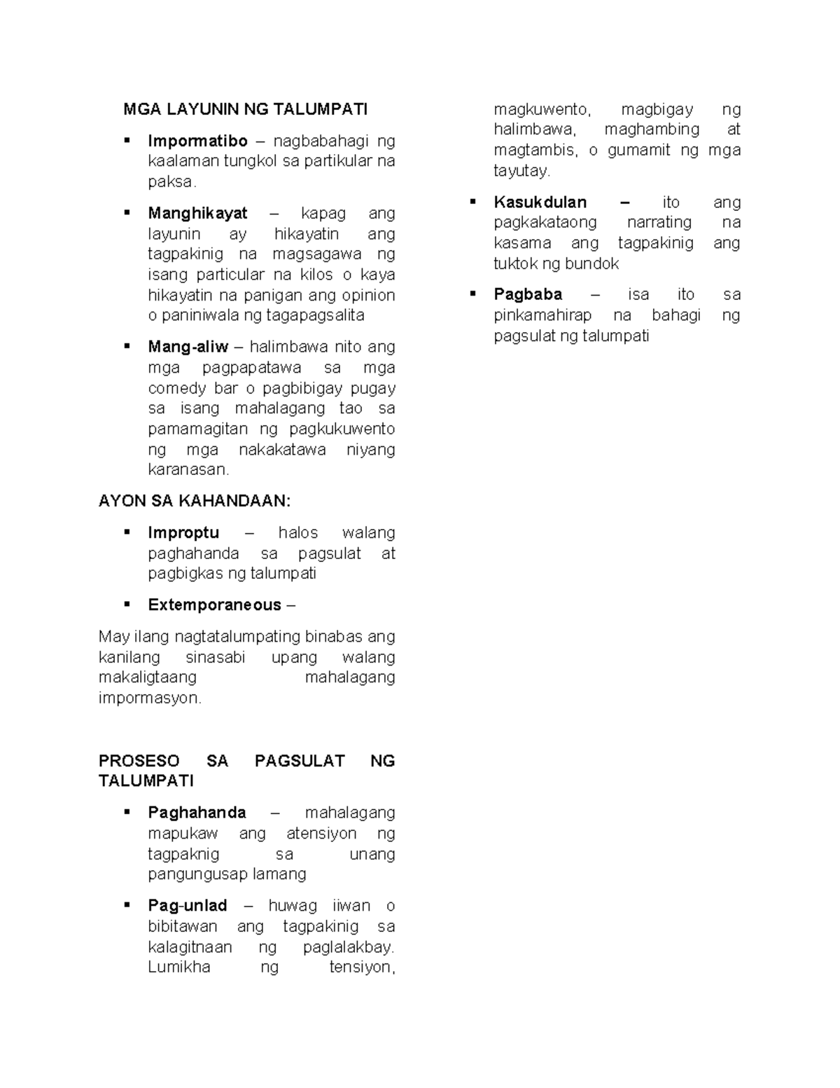 PL notes - MGA LAYUNIN NG TALUMPATI Impormatibo – nagbabahagi ng ...