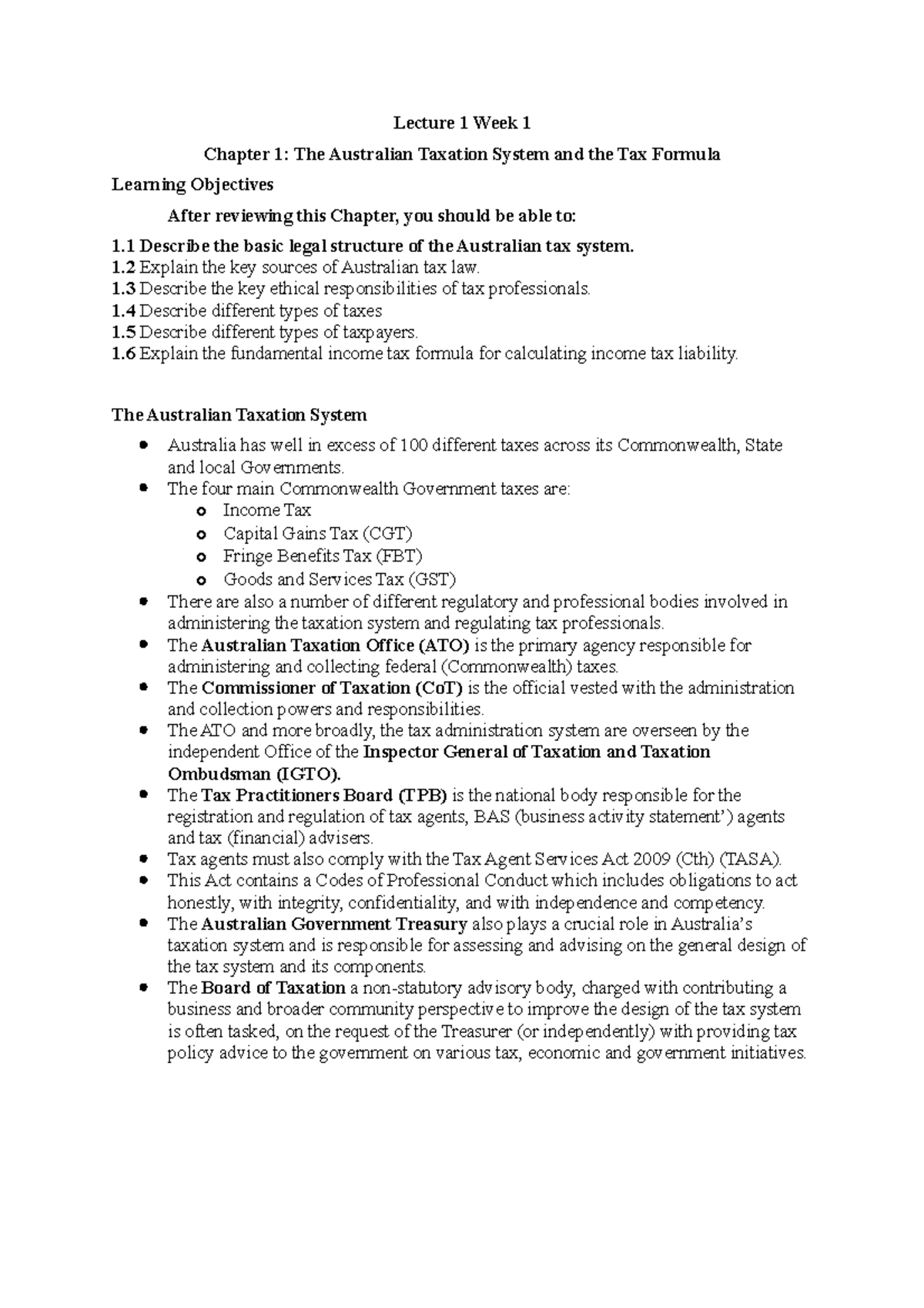 Lecture 1 Week 1 - Lecture 1 Week 1 Chapter 1: The Australian Taxation ...