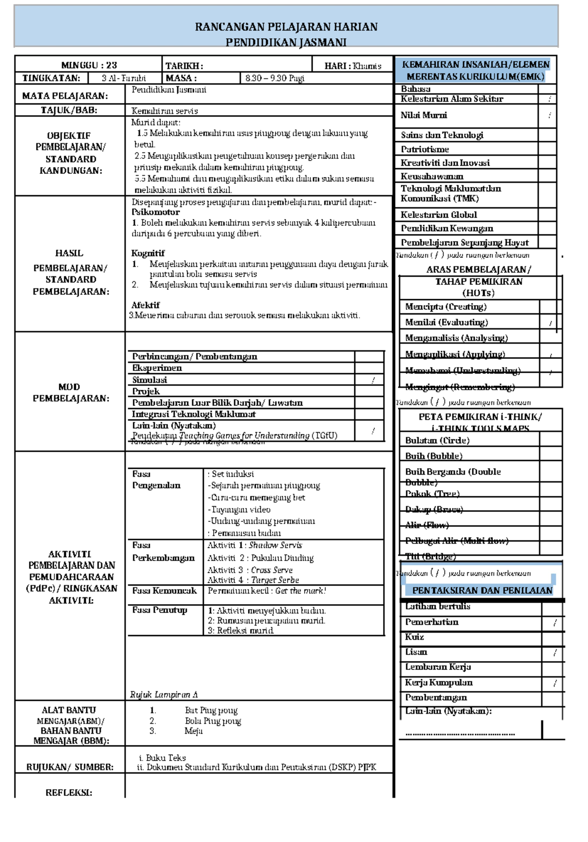 RPH Servis pingpong - pendidikan kesihatan - RANCANGAN PELAJARAN HARIAN ...