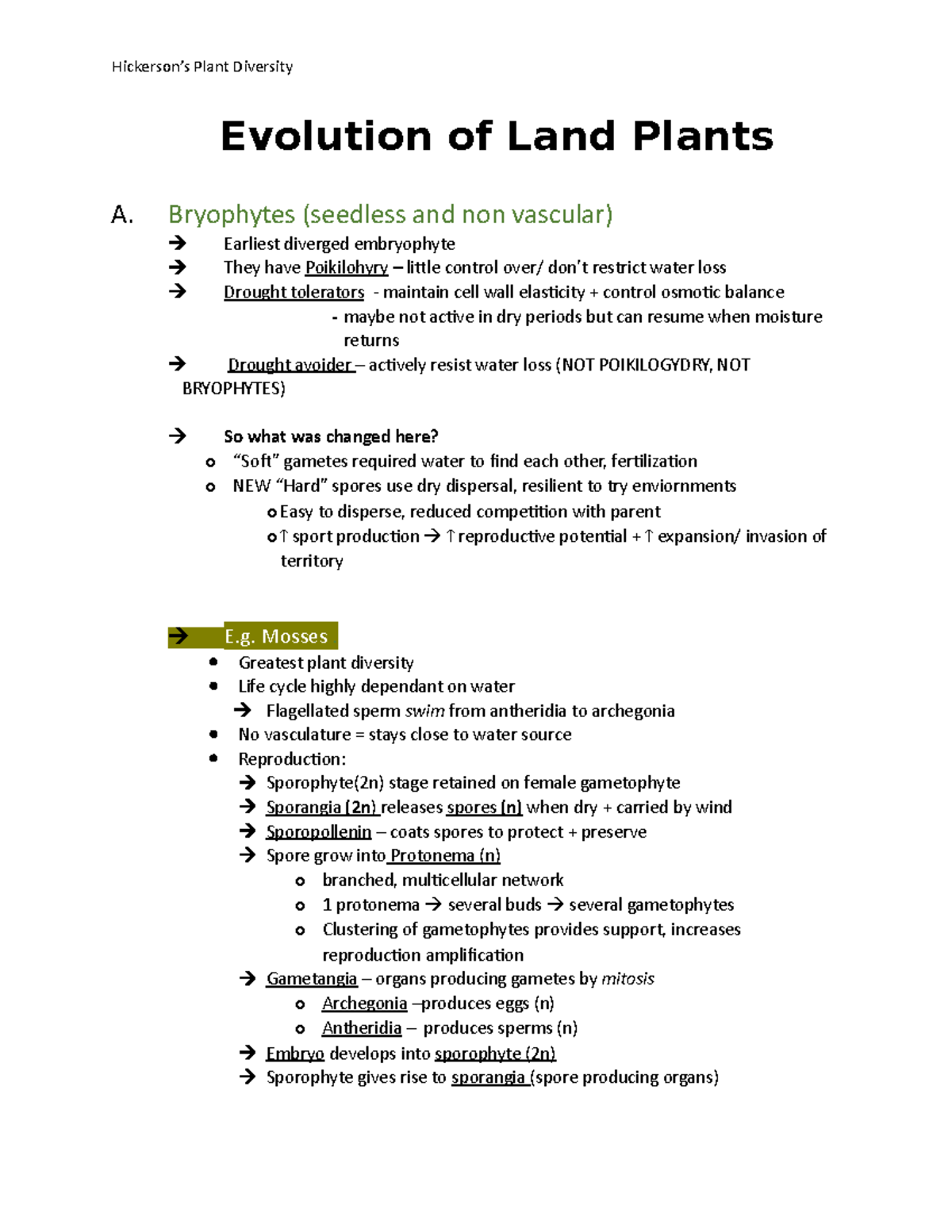 Plant Diversity Summery Notes fro biol 371 ucalgary - 371 - Biol - StuDocu