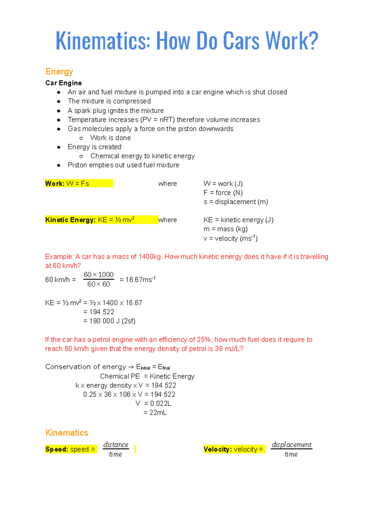 Kinematics- How Do Cars Work - Kinematics: How Do Cars Work? Energy Car ...