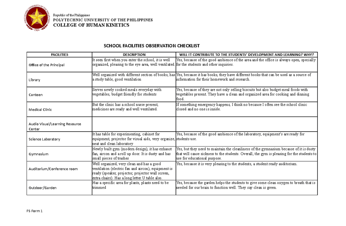 FS-Form-1 - Field study - SCHOOL FACILITIES OBSERVATION CHECKLIST ...