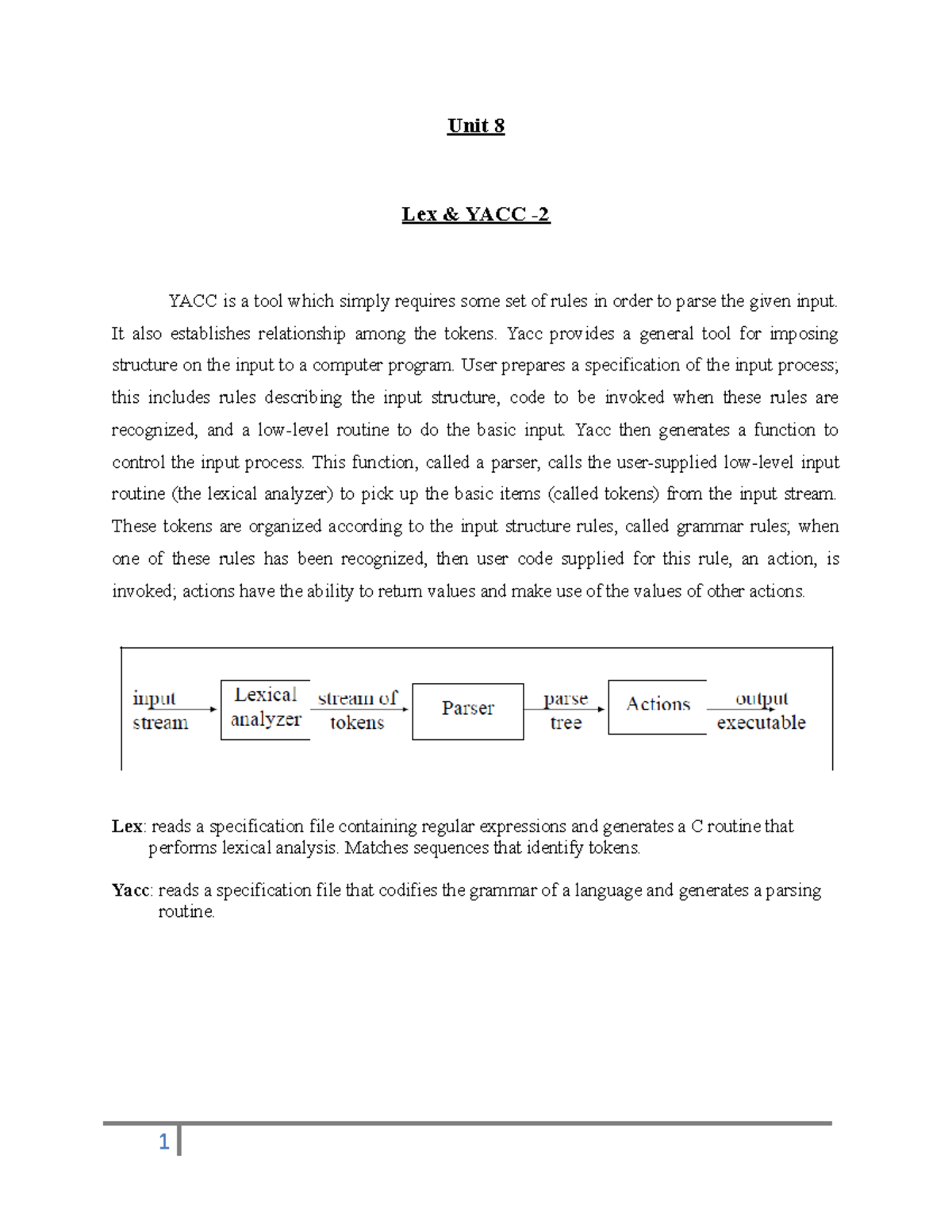 Unit 8 - unit 7 notes - Unit 8 Lex & YACC - YACC is a tool which simply ...