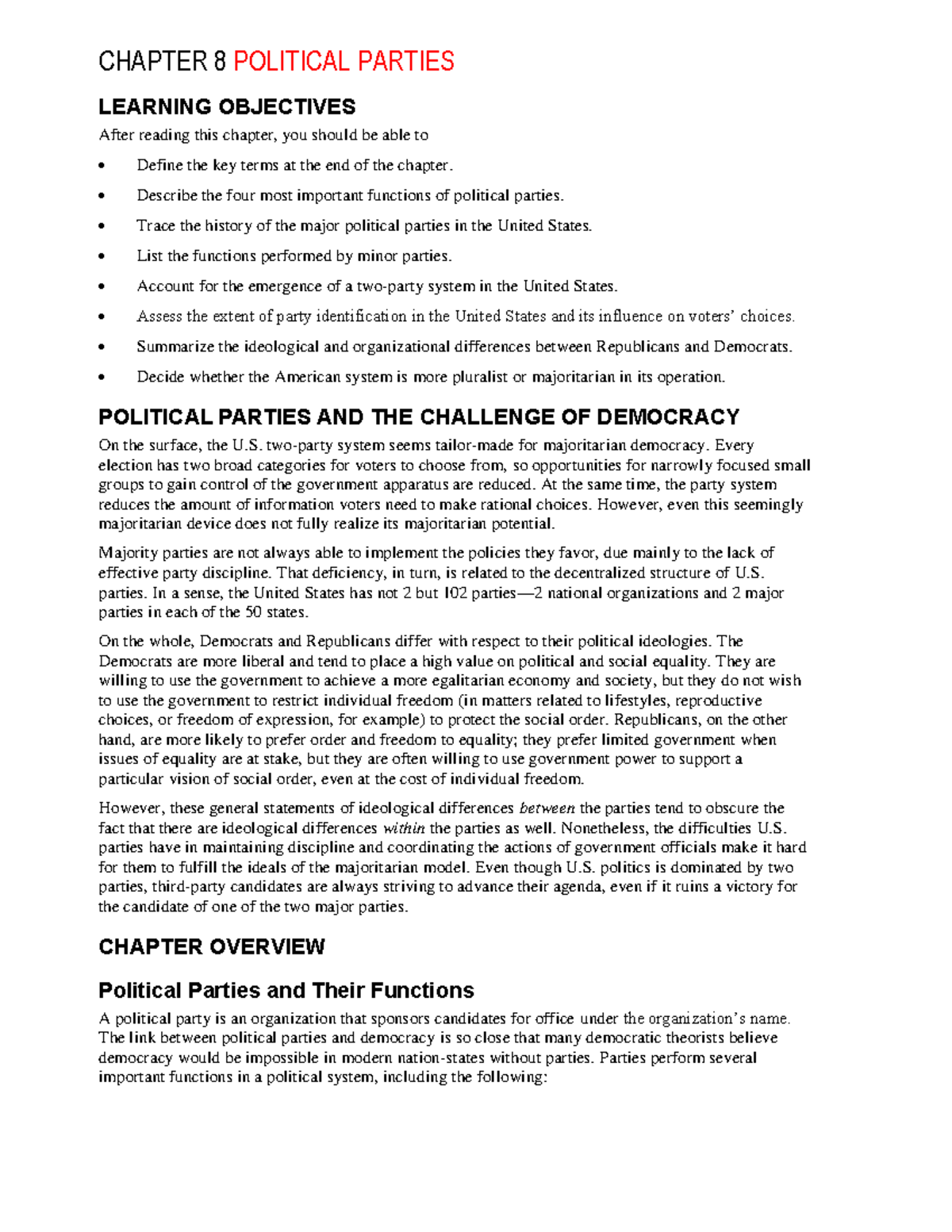 Ch08 Political Parties Exam - CHAPTER 8 POLITICAL PARTIES LEARNING ...