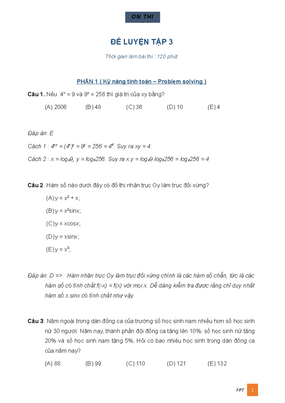 Đề 2008 thi hoc bong - ĐỀ LUYỆN TẬP 3 Thời gian làm bài thi : 120 phút ...